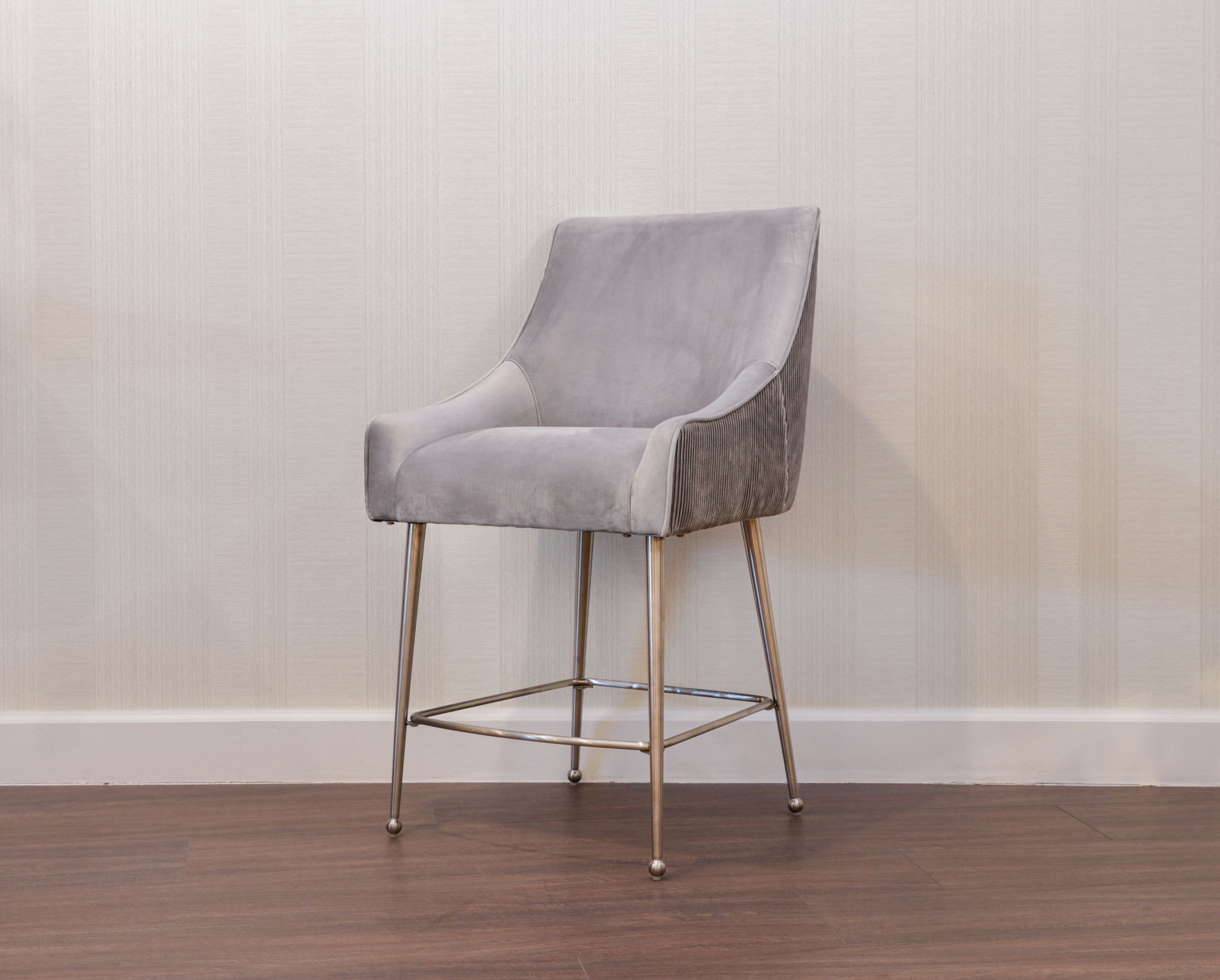 Beatrix pleated light grey velvet counter stool- TOV